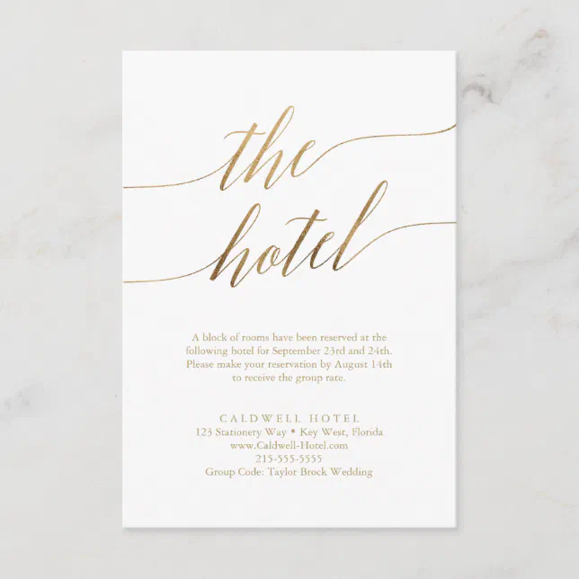 Elegant Gold Calligraphy Hotel Enclosure Card | Zazzle