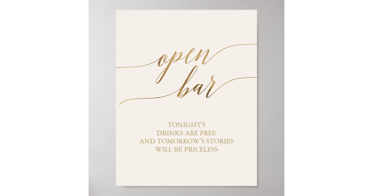 Elegant Gold Calligraphy | Ivory Open Bar Sign | Zazzle