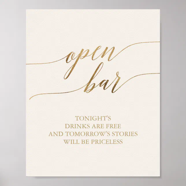 Elegant Gold Calligraphy | Ivory Open Bar Sign | Zazzle