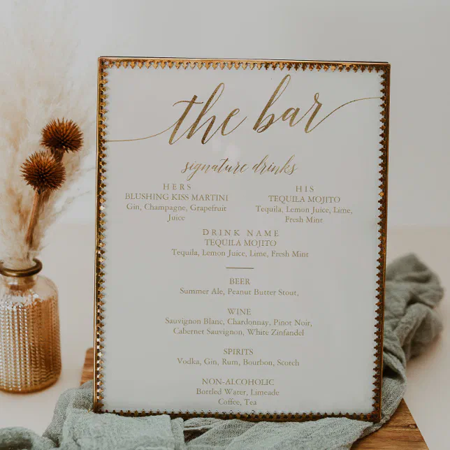 Elegant Gold Calligraphy | Ivory The Bar Menu Poster | Zazzle