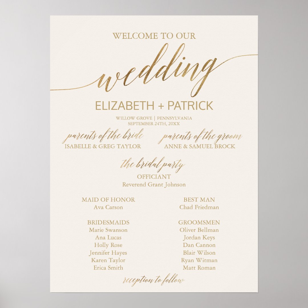 Elegant Gold Calligraphy | Ivory Wedding Program Poster | Zazzle