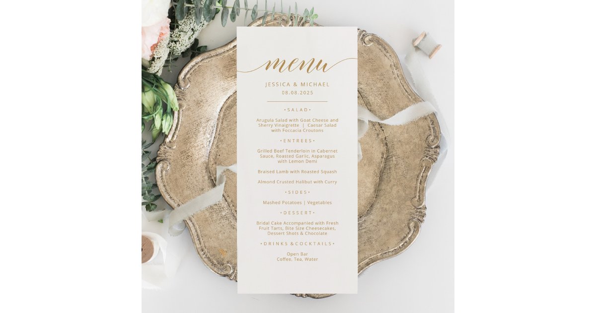 Elegant Gold Calligraphy Menu Card | Zazzle