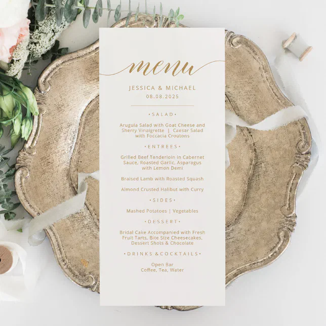 Elegant Gold Calligraphy Menu Card | Zazzle