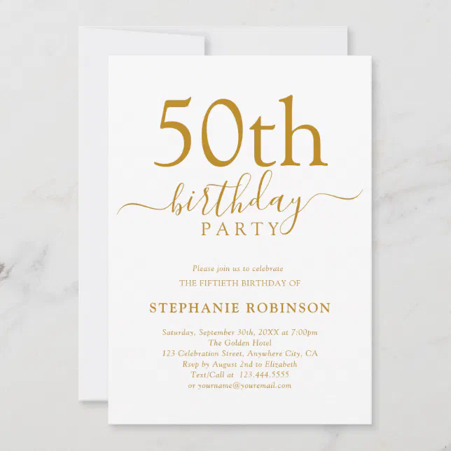 Elegant Gold Calligraphy Modern 50th Birthday Invitation | Zazzle