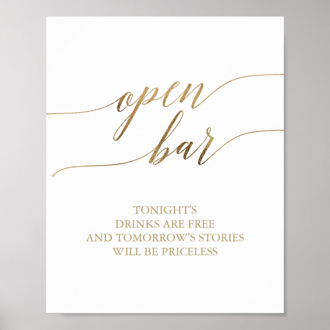 Elegant Gold Calligraphy Open Bar Sign | Zazzle