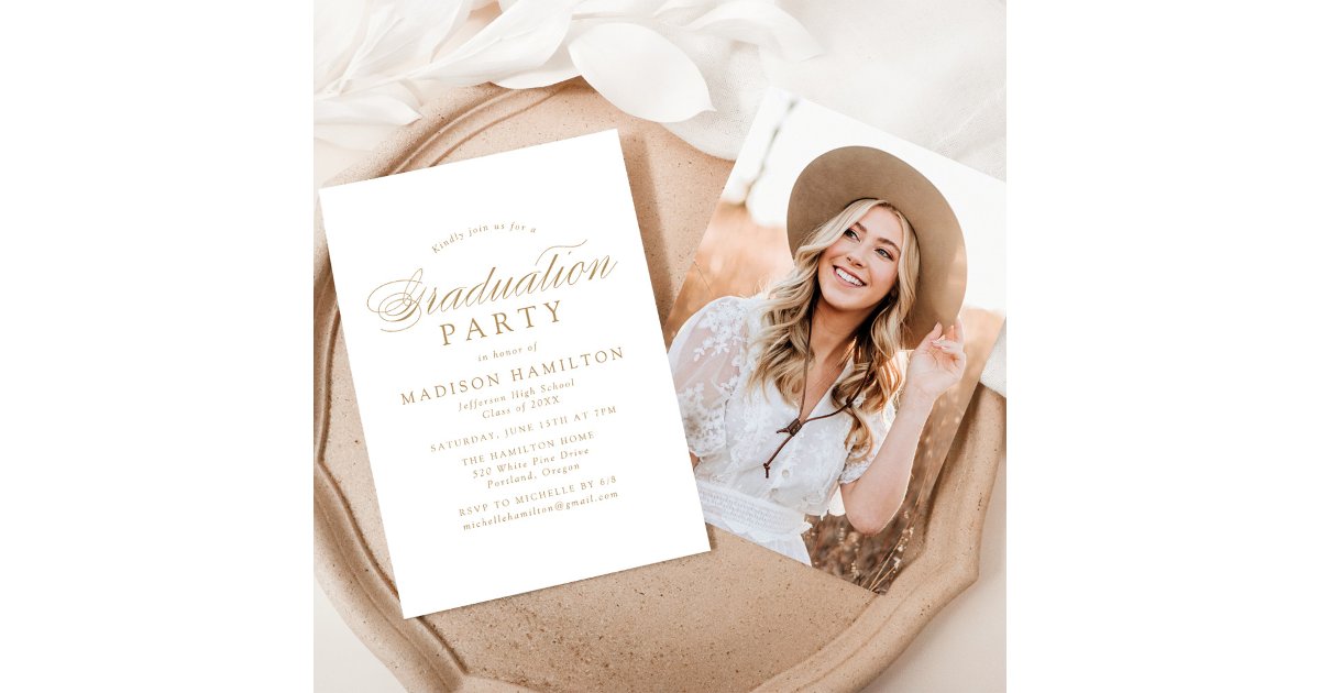 Elegant Gold Calligraphy Photo Graduation Party Invitation | Zazzle