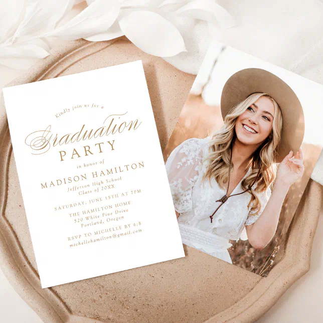 Elegant Gold Calligraphy Photo Graduation Party Invitation | Zazzle