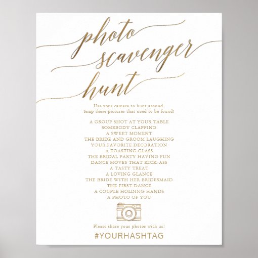 Elegant Gold Calligraphy Photo Scavenger Hunt Sign | Zazzle