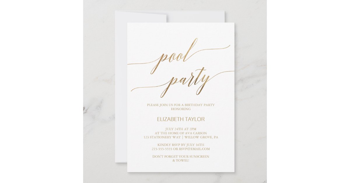 Elegant Gold Calligraphy Pool Party Birthday Invitation | Zazzle