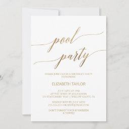 Elegant Gold Calligraphy Pool Party Birthday Invitation | Zazzle