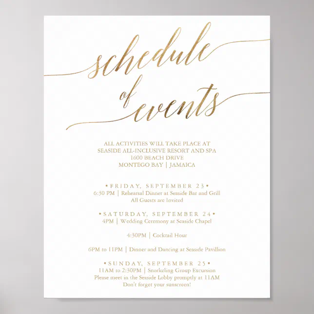 Elegant Gold Calligraphy Schedule of Events Poster | Zazzle