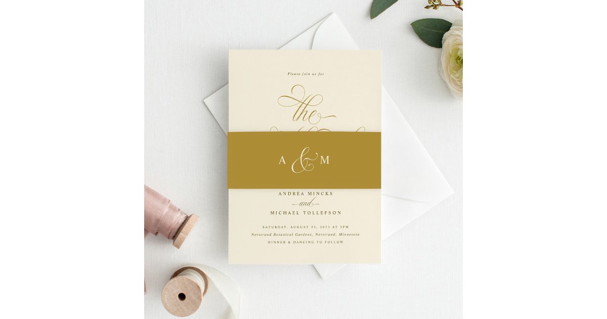 Elegant Gold Calligraphy Script Luxury Wedding Invitation Belly Band | Zazzle