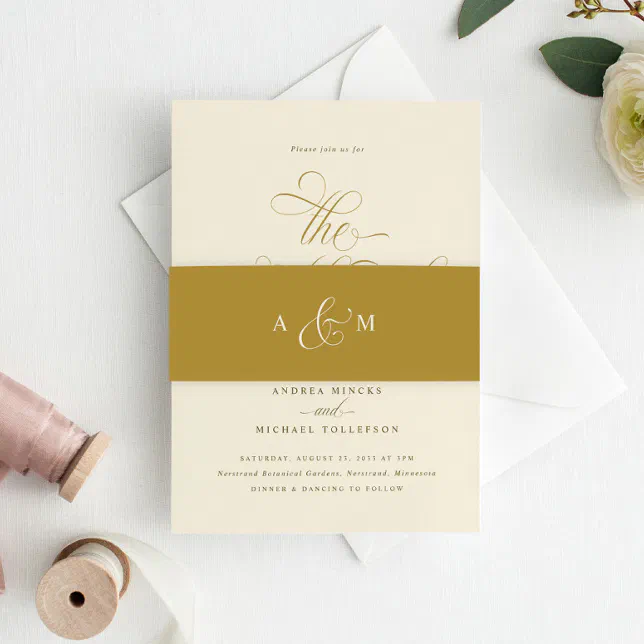 Elegant Gold Calligraphy Script Luxury Wedding Invitation Belly Band | Zazzle