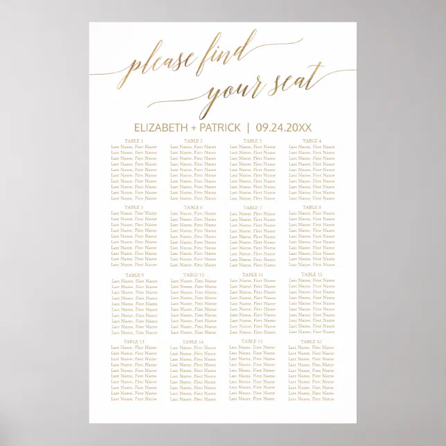Elegant Gold Calligraphy Seating Chart | Zazzle
