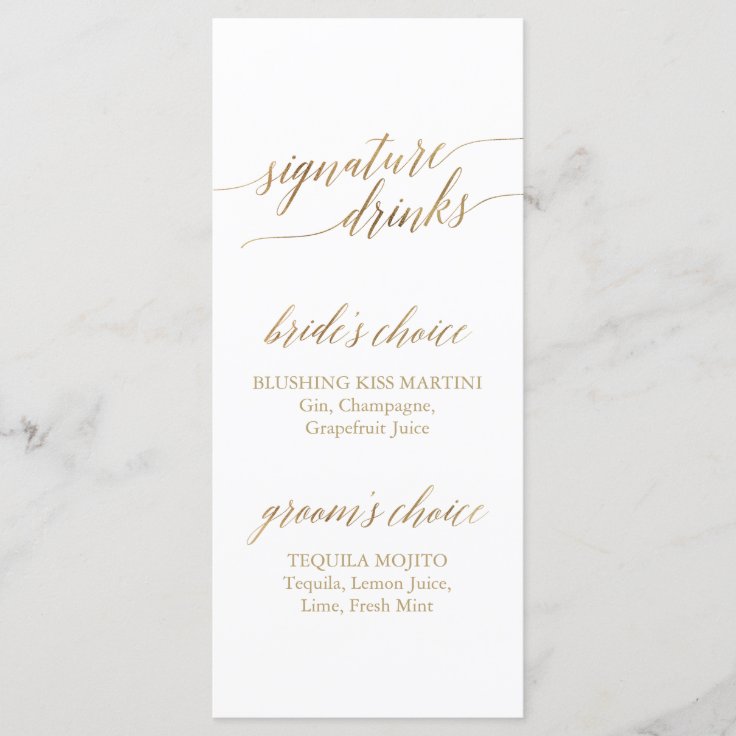 Elegant Gold Calligraphy Signature Drinks Menu | Zazzle