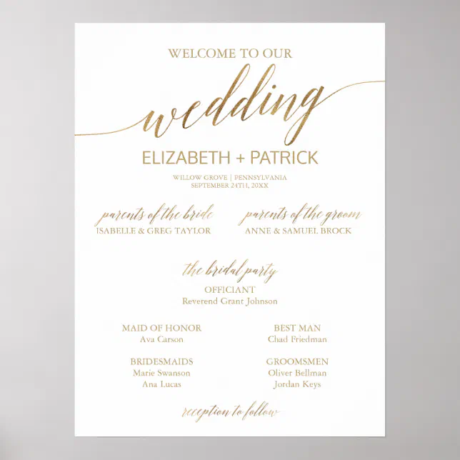 Elegant Gold Calligraphy Small Wedding Program Poster | Zazzle