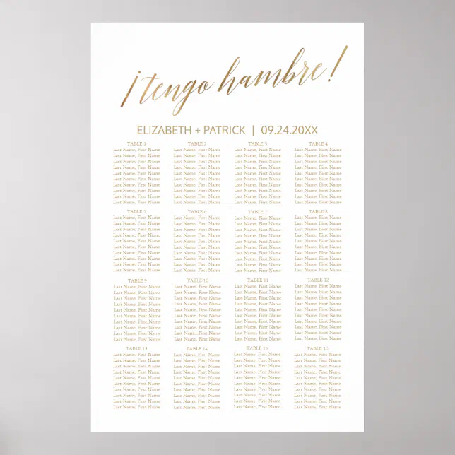 Elegant Gold Calligraphy Tengo Hambre Table Plan Poster | Zazzle