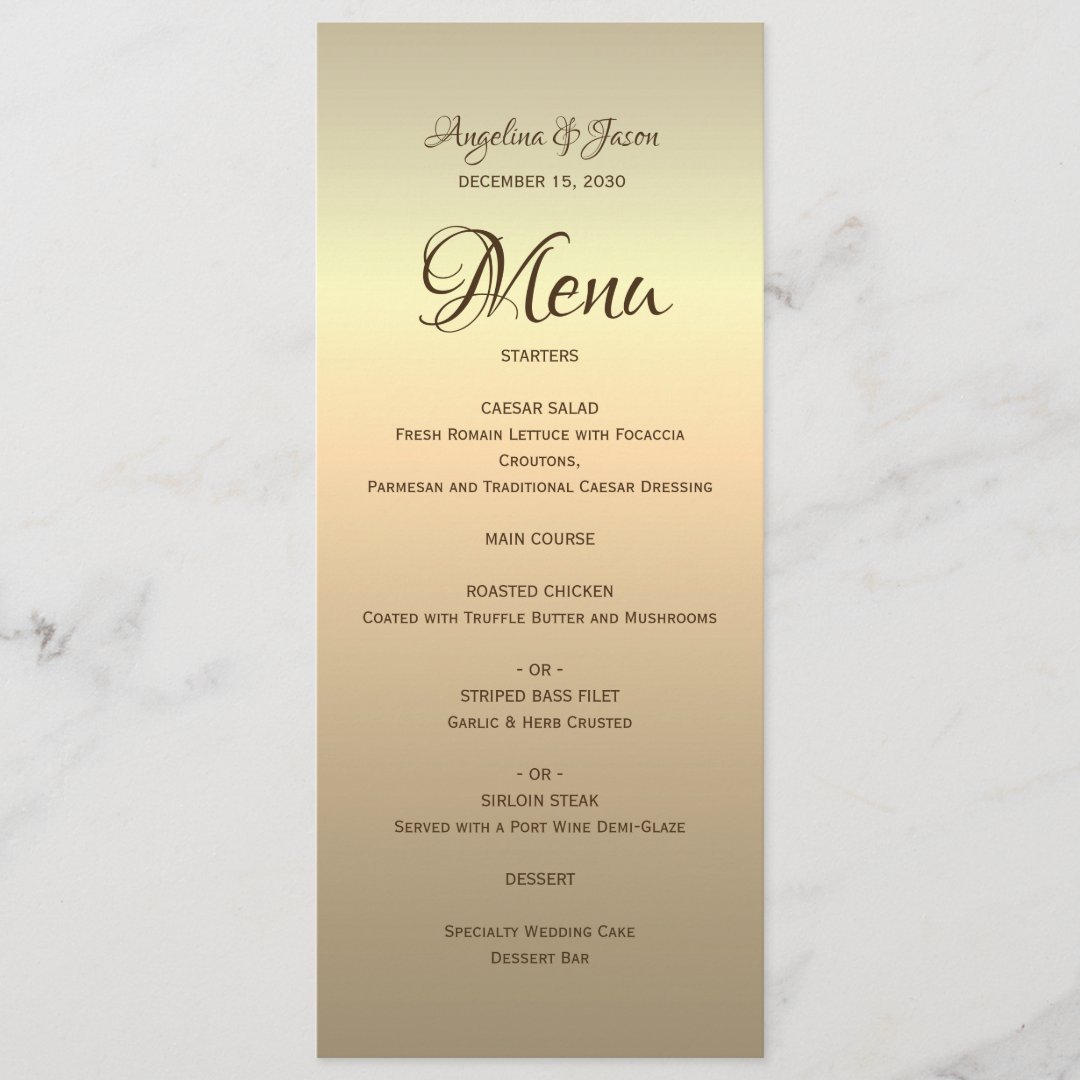 Elegant Gold Calligraphy Wedding Menu | Zazzle