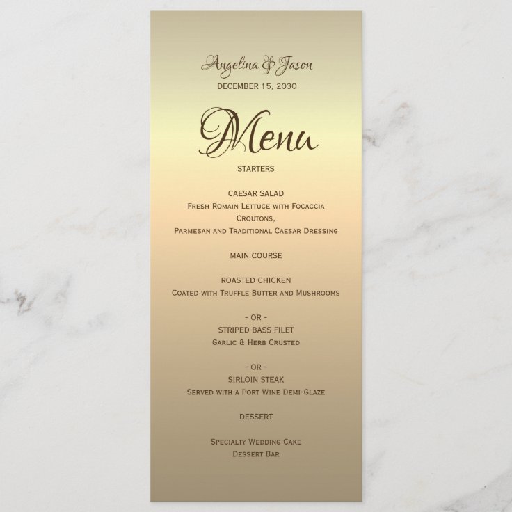 Elegant Gold Calligraphy Wedding Menu | Zazzle