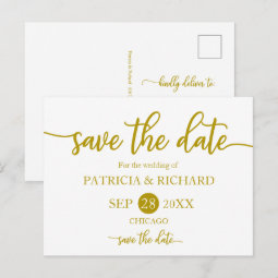Elegant Gold Calligraphy Wedding Save The Date Postcard | Zazzle