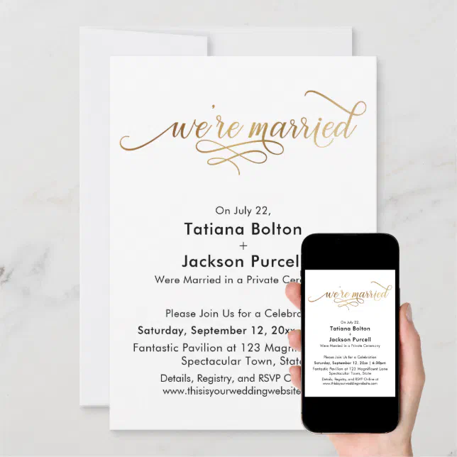 Elegant Gold Calligraphy We're Married Reception Invitation | Zazzle