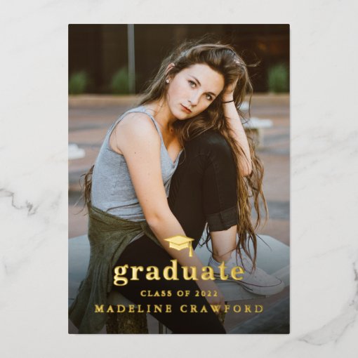 Elegant Gold Cap Portrait Photo Graduation Foil Invitation | Zazzle