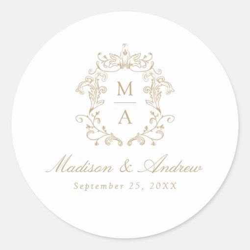 Elegant Gold Chinoiserie Crest Monogram Wedding Classic Round Sticker ...