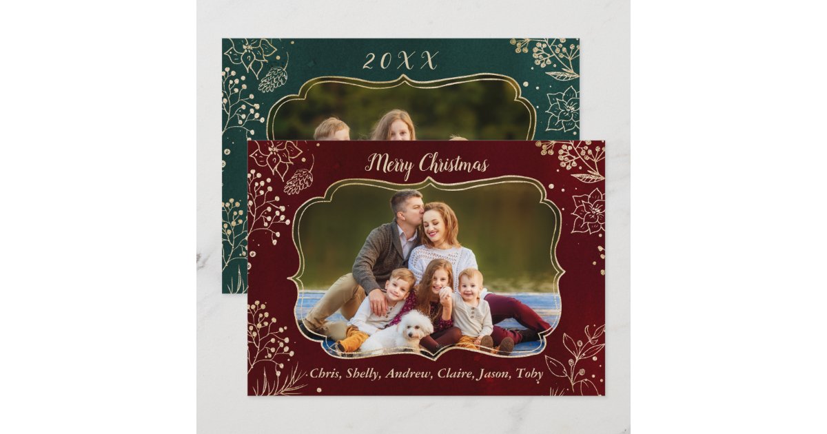 Elegant Gold Christmas Floral 2 Photo Frame Holiday Card | Zazzle