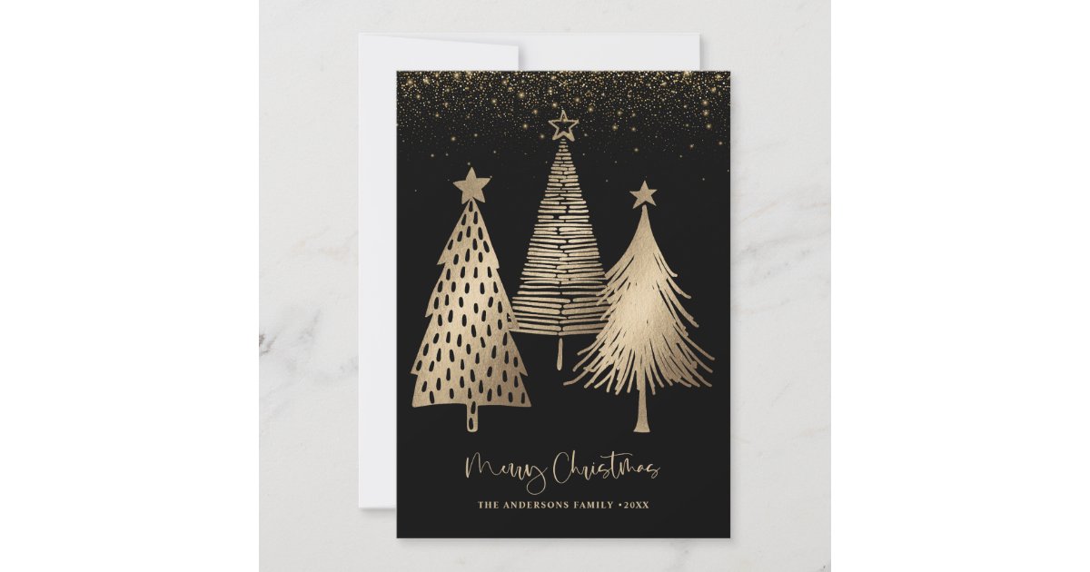 Elegant Gold Christmas Tree Glitter Snow Holiday Card | Zazzle