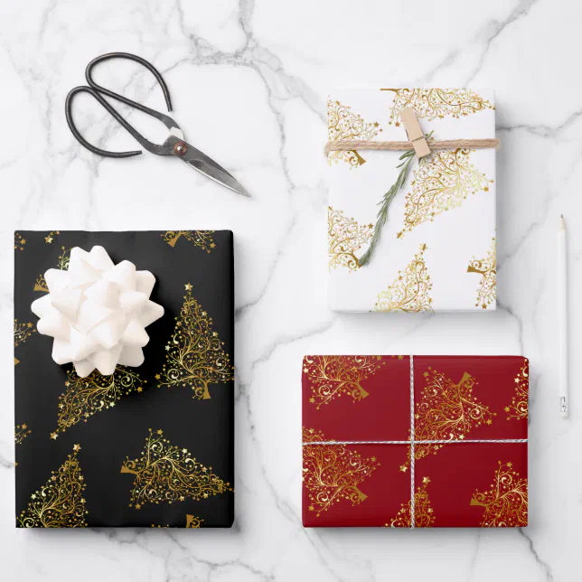 Elegant gold Christmas tree pattern Wrapping Paper Sheets | Zazzle