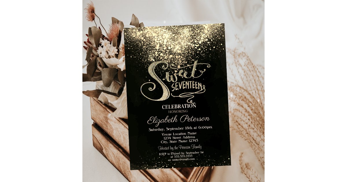 Elegant Gold Confetti,Black Sweet 17 Invitation | Zazzle