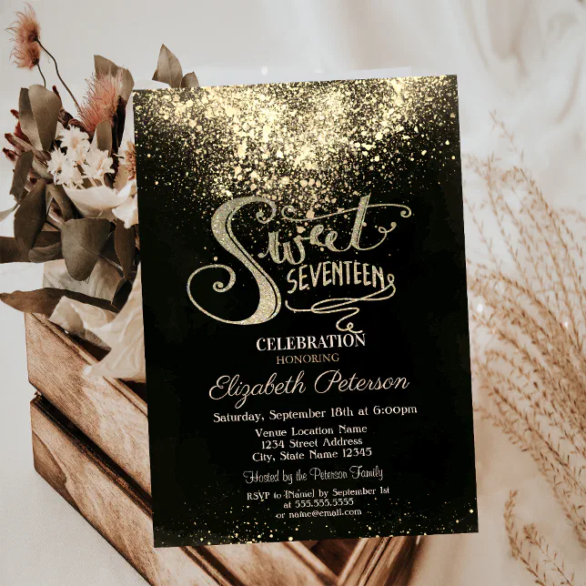 Elegant Gold Confetti,Black Sweet 17 Invitation | Zazzle