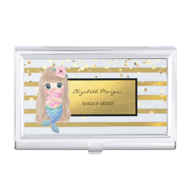 Elegant Gold Confetti, Frame,Mermaid Stripes Business Card Case | Zazzle