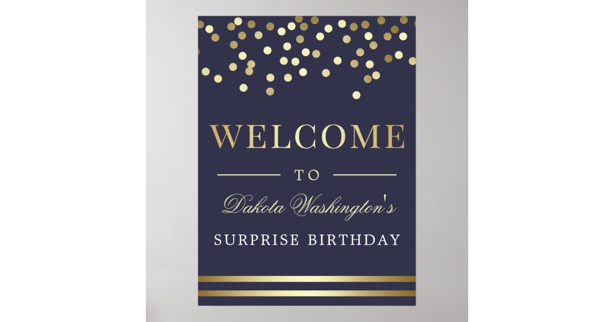 Elegant Gold Confetti & Navy Blue Welcome Sign | Zazzle
