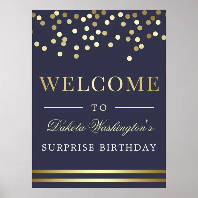 Elegant Gold Confetti & Navy Blue Welcome Sign | Zazzle