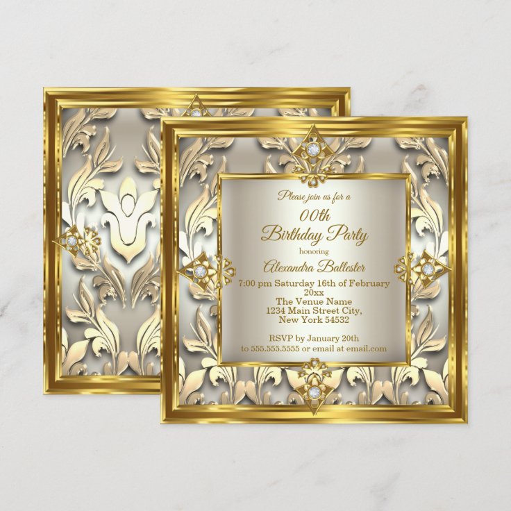 Elegant Gold Cream beige Damask Birthday Party Invitation | Zazzle