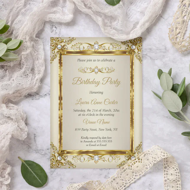 Elegant Gold Cream Pearl Damask Birthday Party Invitation Zazzle