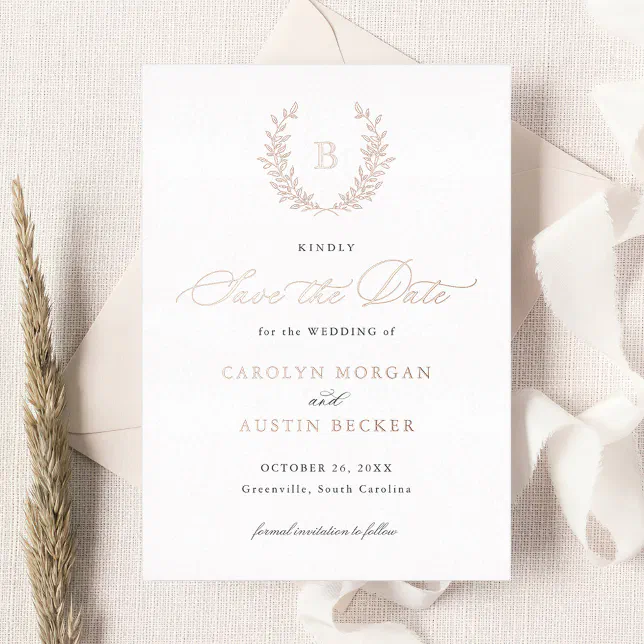Elegant Gold Crest Leaf Monogram Save the Date Foil Invitation | Zazzle