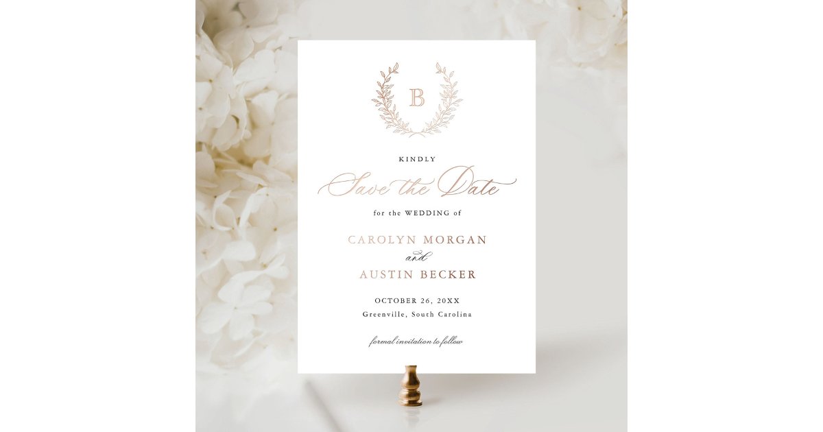 Elegant Gold Crest Leaf Monogram Save the Date Foil Invitation | Zazzle