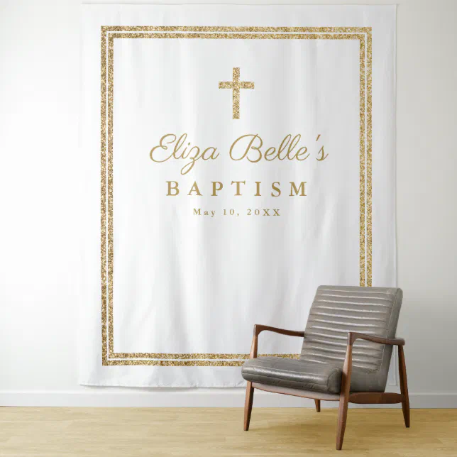 Elegant Gold Cross Baptism Photo Booth Backdrop | Zazzle
