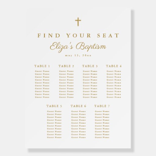 Elegant Gold Cross Baptism Seating Chart Foam Board | Zazzle