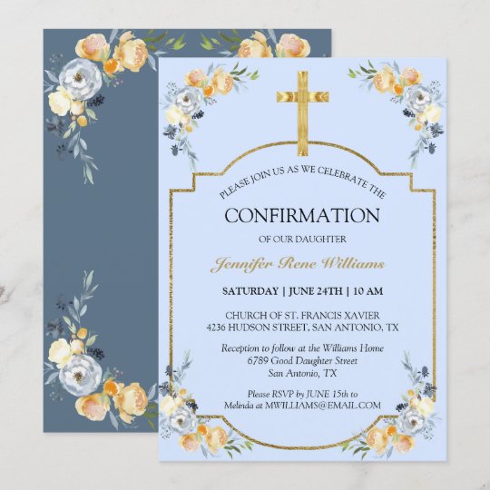 Elegant Gold Cross Blue Floral Confirmation Invitation | Zazzle.com