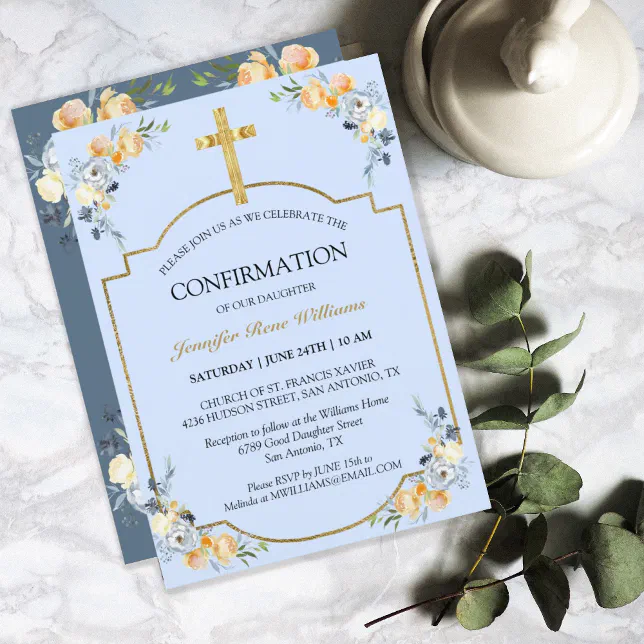 Elegant Gold Cross Blue Floral Confirmation Invitation | Zazzle