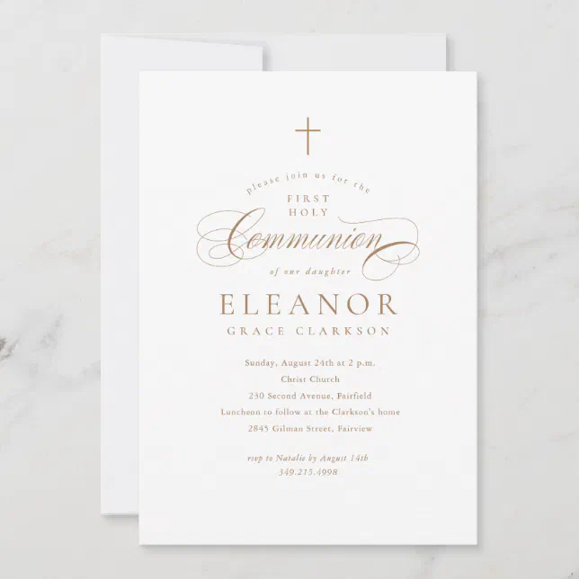 Elegant Gold Cross Calligraphy First Communion Invitation | Zazzle