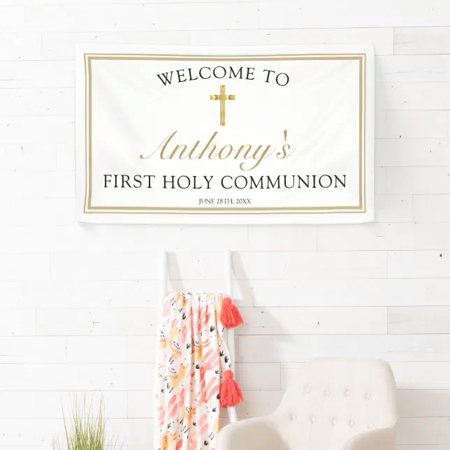 Elegant Gold Cross First Holy Communion Welcome Banner | Zazzle