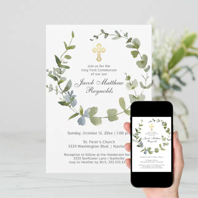Elegant Gold Cross Holy Communion Greenery Invitation | Zazzle