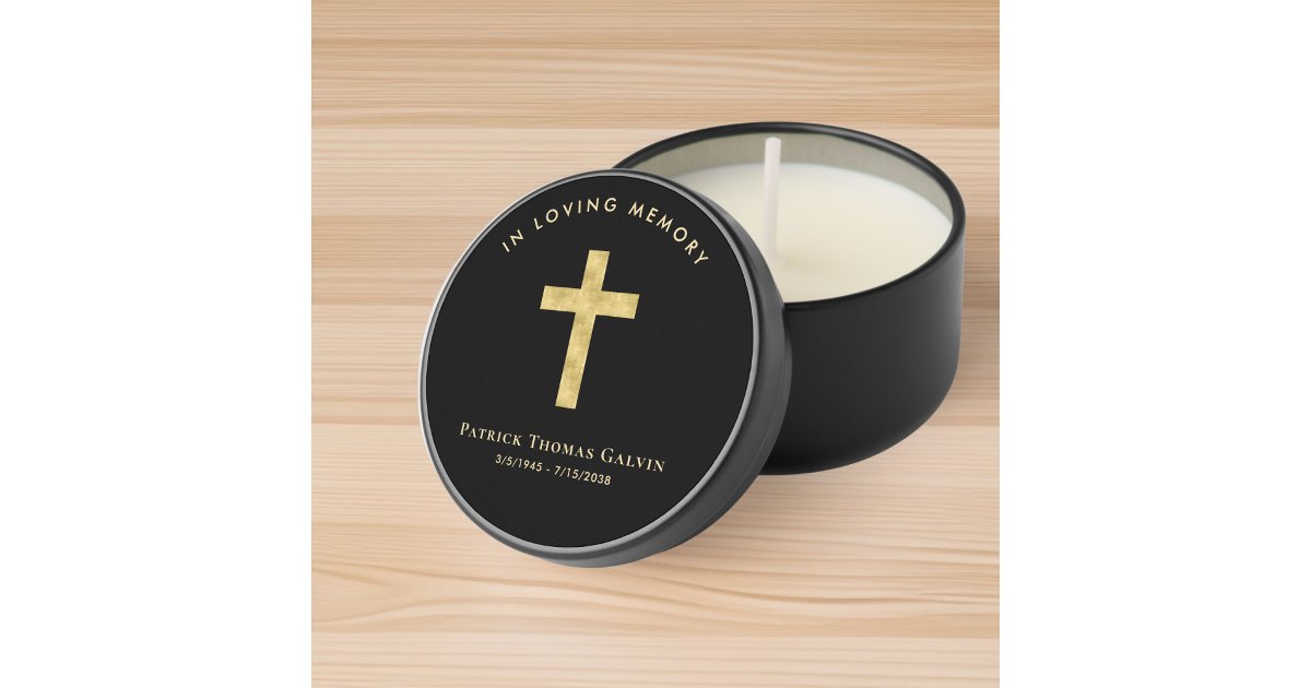 Elegant Gold Cross In Loving Memory Black Memorial Mini Candle Favors ...