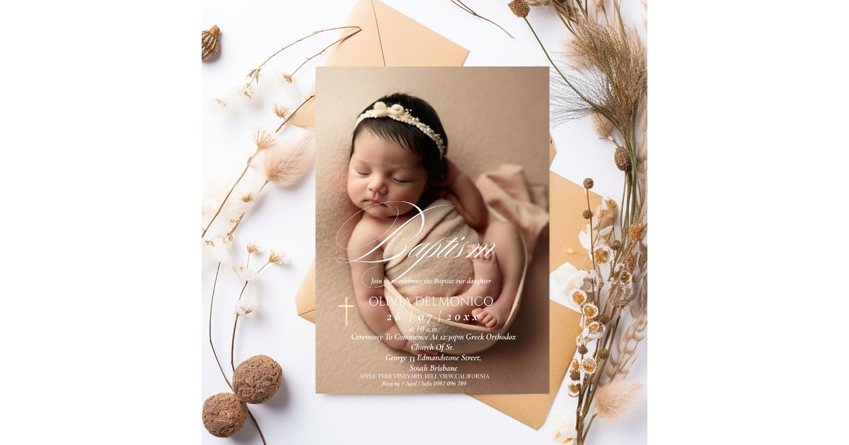 Elegant Gold Cross Overlay Photo Baptism Invitation | Zazzle