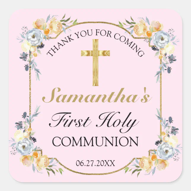 Elegant Gold Cross Pink Floral 1st Holy Communion Square Sticker | Zazzle