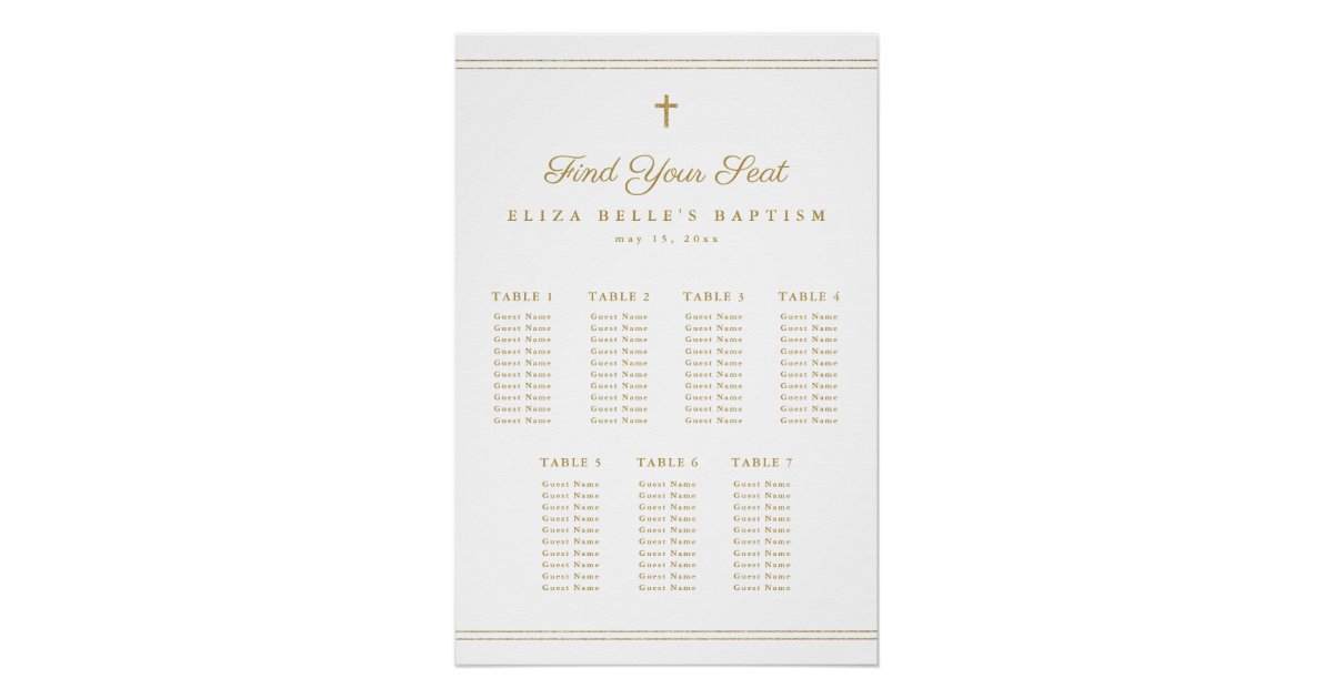 Elegant Gold Cross Religious Baptism Seating Chart | Zazzle